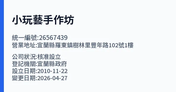 小玩藝手作坊的照片-統編 26567439(宜蘭縣) 公司登記資料與營業項目詳細圖表