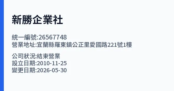 新勝企業社的照片-統編 26567748(宜蘭縣) 公司登記資料與營業項目詳細圖表
