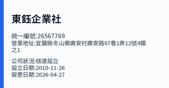 東鈺企業社的照片-統編 26567769(宜蘭縣) 公司登記資料與營業項目詳細圖表