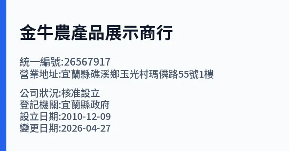 金牛農產品展示商行的照片-統編 26567917(宜蘭縣) 公司登記資料與營業項目詳細圖表