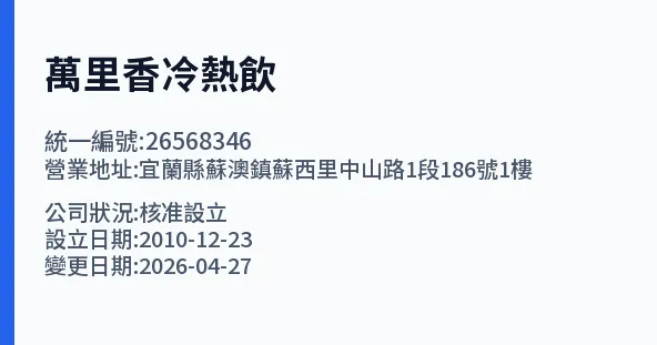 萬里香冷熱飲的照片-統編 26568346(宜蘭縣) 公司登記資料與營業項目詳細圖表