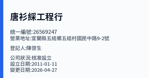唐衫綵工程行的照片-統編 26569247(宜蘭縣) 公司登記資料與營業項目詳細圖表