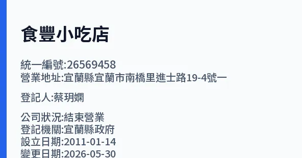 食豐小吃店的照片-統編 26569458(宜蘭縣) 公司登記資料與營業項目詳細圖表