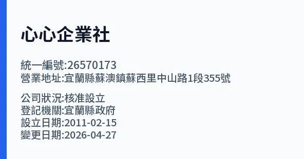 心心企業社的照片-統編 26570173(宜蘭縣) 公司登記資料與營業項目詳細圖表
