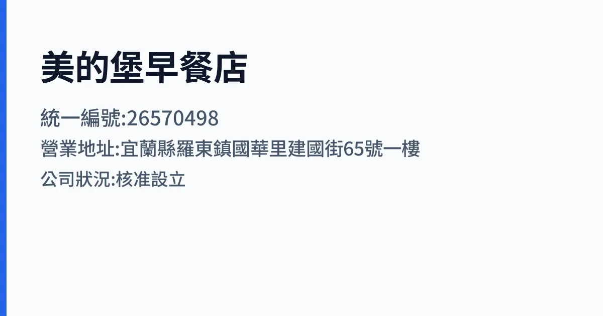 美的堡早餐店 - 統編 26570498（宜蘭縣） 公司登記資料與營業項目詳細圖表