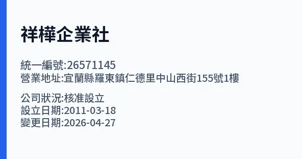 祥樺企業社的照片-統編 26571145(宜蘭縣) 公司登記資料與營業項目詳細圖表