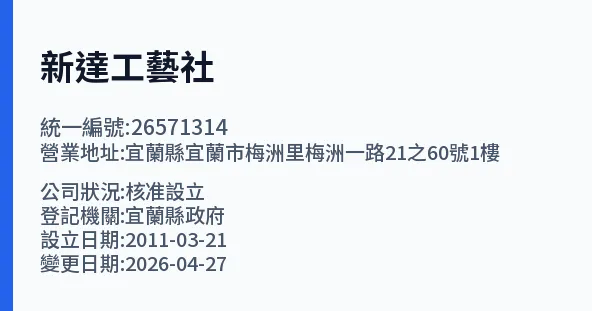 新達工藝社的照片-統編 26571314(宜蘭縣) 公司登記資料與營業項目詳細圖表