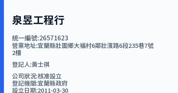 泉昱工程行的照片-統編 26571623(宜蘭縣) 公司登記資料與營業項目詳細圖表