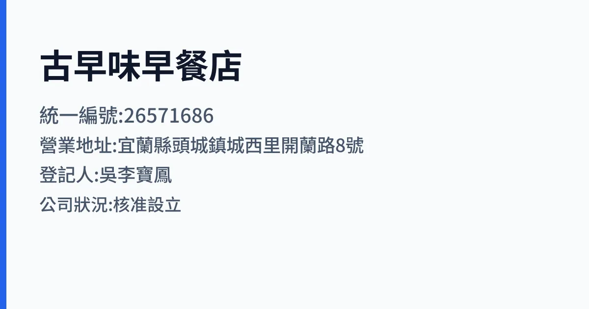 古早味早餐店 - 統編 26571686(宜蘭縣) 公司登記資料與營業項目詳細圖表