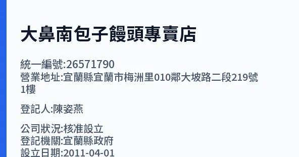大鼻南包子饅頭專賣店的照片-統編 26571790(宜蘭縣) 公司登記資料與營業項目詳細圖表