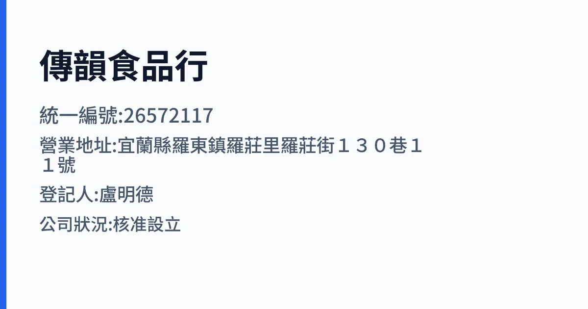傳韻食品行 - 統編 26572117(宜蘭縣) 公司登記資料與營業項目詳細圖表
