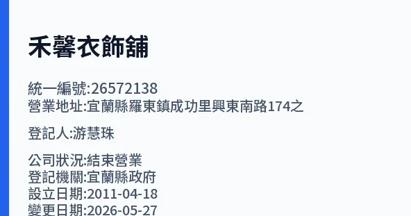 禾馨衣飾舖的照片-統編 26572138(宜蘭縣) 公司登記資料與營業項目詳細圖表