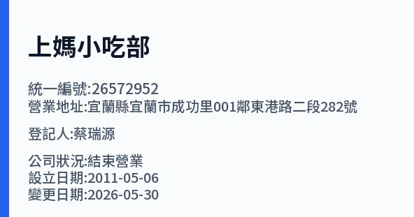 上媽小吃部的照片-統編 26572952(宜蘭縣) 公司登記資料與營業項目詳細圖表