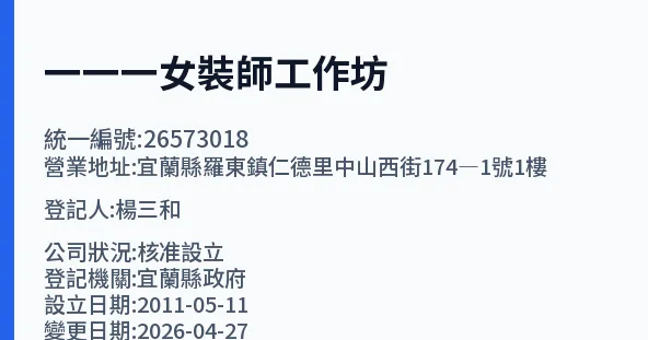 一一一女裝師工作坊的照片-統編 26573018(宜蘭縣) 公司登記資料與營業項目詳細圖表