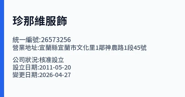 珍那維服飾的照片-統編 26573256(宜蘭縣) 公司登記資料與營業項目詳細圖表
