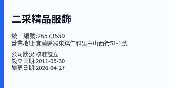 二采精品服飾的照片-統編 26573559(宜蘭縣) 公司登記資料與營業項目詳細圖表