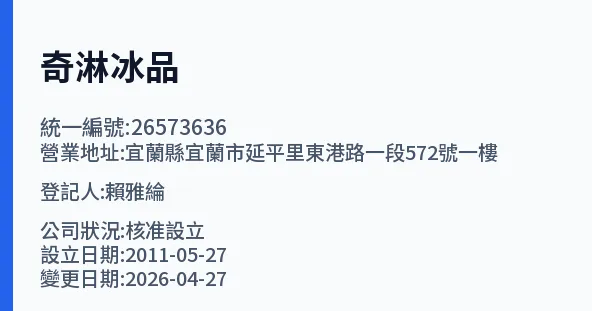 奇淋冰品的照片-統編 26573636(宜蘭縣) 公司登記資料與營業項目詳細圖表