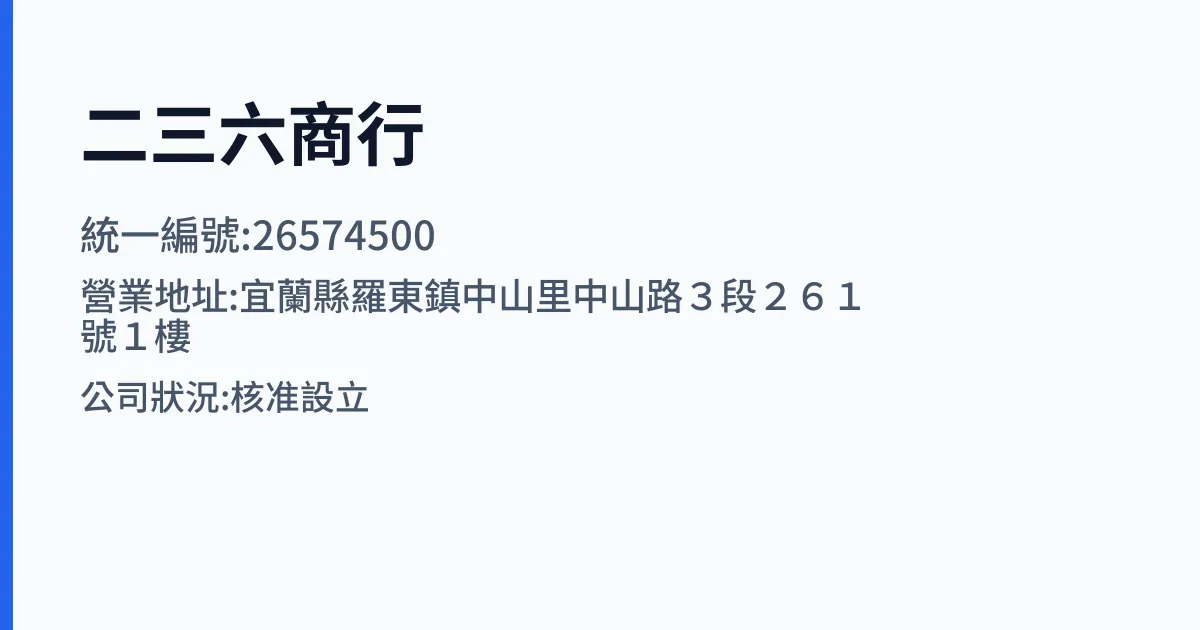 二三六商行 - 統編 26574500(宜蘭縣) 公司登記資料與營業項目詳細圖表