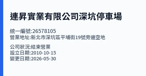 連昇實業有限公司深坑停車場的照片-統編 26578105(新北市) 公司登記資料與營業項目詳細圖表