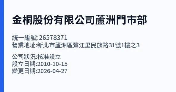 金桐股份有限公司蘆洲門市部的照片-統編 26578371(新北市) 公司登記資料與營業項目詳細圖表