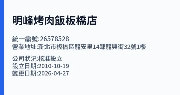 明峰烤肉飯板橋店的照片-統編 26578528(新北市) 公司登記資料與營業項目詳細圖表