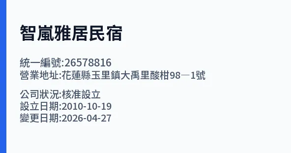 智嵐雅居民宿的照片-統編 26578816(花蓮縣) 公司登記資料與營業項目詳細圖表