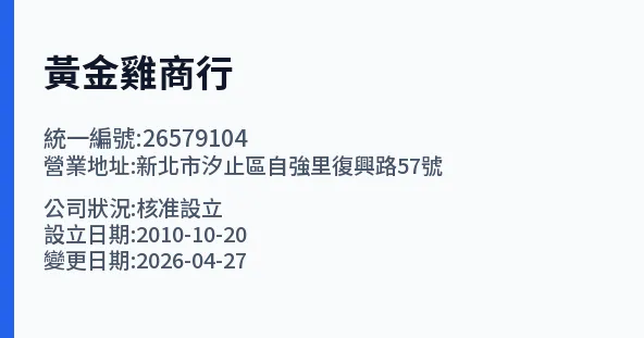 黃金雞商行的照片-統編 26579104(新北市) 公司登記資料與營業項目詳細圖表