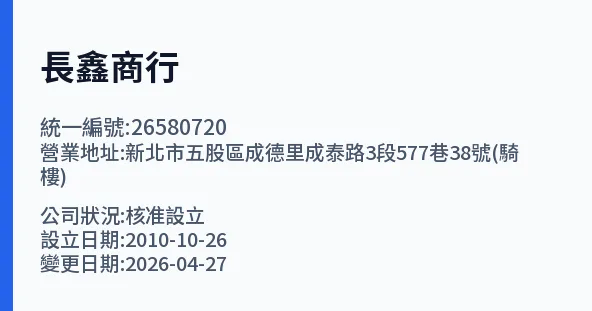 長鑫商行的照片-統編 26580720(新北市) 公司登記資料與營業項目詳細圖表