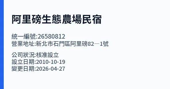 阿里磅生態農場民宿的照片-統編 26580812(新北市) 公司登記資料與營業項目詳細圖表