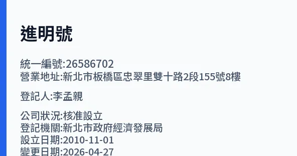 進明號的照片-統編 26586702(新北市) 公司登記資料與營業項目詳細圖表