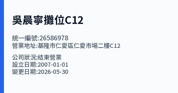 吳晨寧攤位C12的照片-統編 26586978(基隆市) 公司登記資料與營業項目詳細圖表
