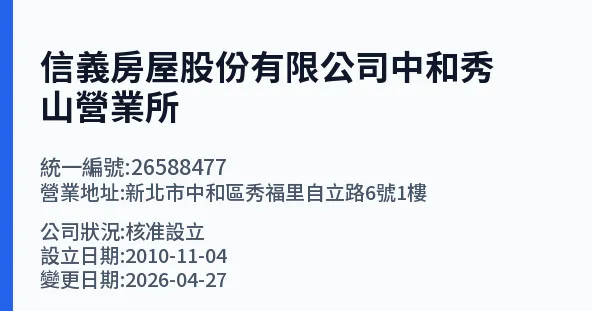 信義房屋股份有限公司中和秀山營業所的照片-統編 26588477(新北市) 公司登記資料與營業項目詳細圖表