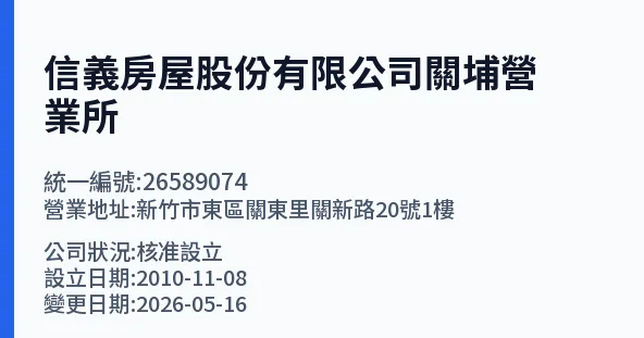 信義房屋股份有限公司關埔營業所的照片-統編 26589074(新竹市) 公司登記資料與營業項目詳細圖表