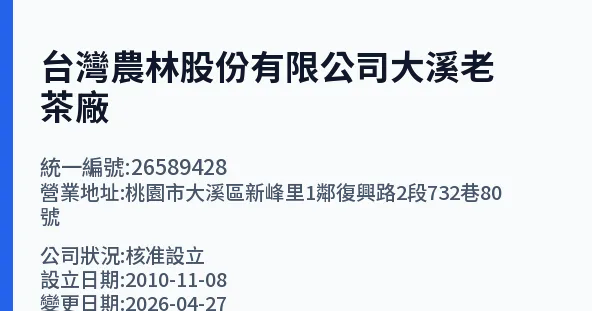 台灣農林股份有限公司大溪老茶廠的照片-統編 26589428(桃園市) 公司登記資料與營業項目詳細圖表