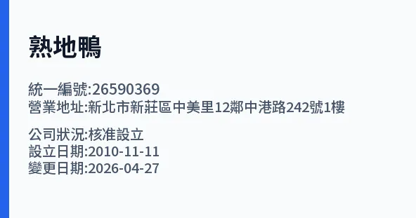 熟地鴨的照片-統編 26590369(新北市) 公司登記資料與營業項目詳細圖表