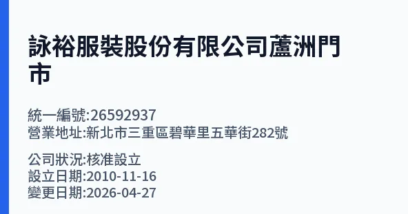 詠裕服裝股份有限公司蘆洲門市的照片-統編 26592937(新北市) 公司登記資料與營業項目詳細圖表