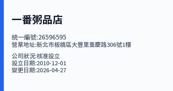 一番粥品店的照片-統編 26596595(新北市) 公司登記資料與營業項目詳細圖表