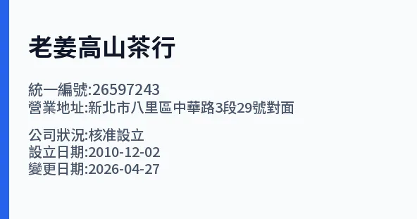 老姜高山茶行的照片-統編 26597243(新北市) 公司登記資料與營業項目詳細圖表