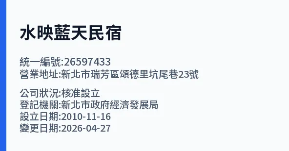 水映藍天民宿的照片-統編 26597433(新北市) 公司登記資料與營業項目詳細圖表