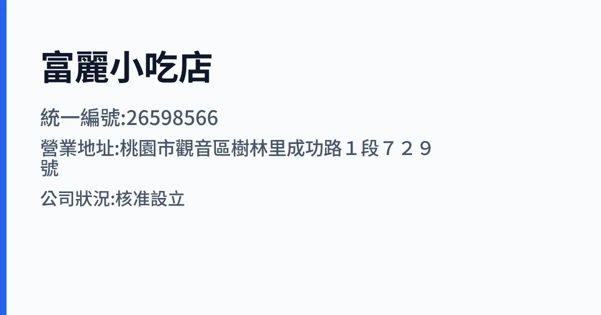 富麗小吃店 - 統編 26598566(桃園市) 公司登記資料與營業項目詳細圖表