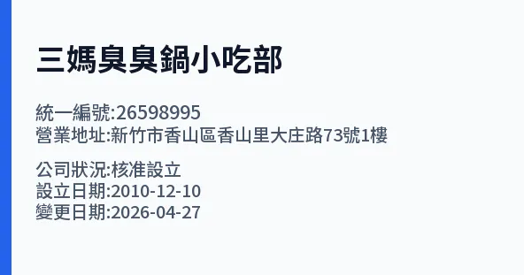 三媽臭臭鍋小吃部的照片-統編 26598995(新竹市) 公司登記資料與營業項目詳細圖表