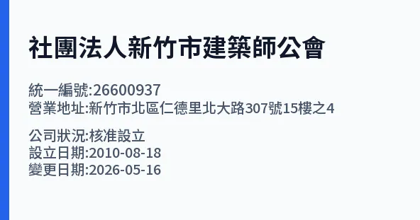 社團法人新竹市建築師公會的照片-統編 26600937(新竹市) 公司登記資料與營業項目詳細圖表