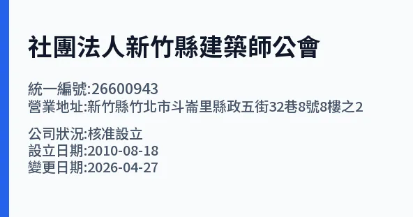 社團法人新竹縣建築師公會的照片-統編 26600943(新竹縣) 公司登記資料與營業項目詳細圖表