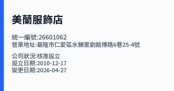 美蘭服飾店的照片-統編 26601062(基隆市) 公司登記資料與營業項目詳細圖表