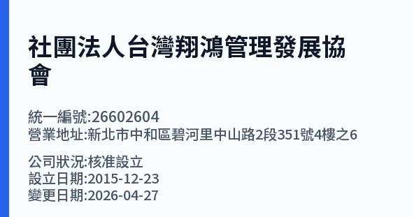 社團法人台灣翔鴻管理發展協會的照片-統編 26602604(新北市) 公司登記資料與營業項目詳細圖表