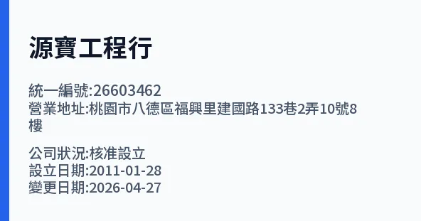 源寶工程行的照片-統編 26603462(桃園市) 公司登記資料與營業項目詳細圖表
