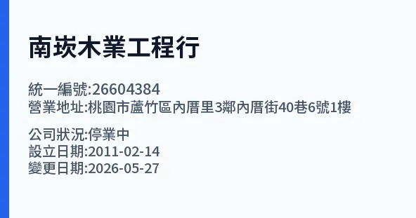 南崁木業工程行的照片-統編 26604384(桃園市) 公司登記資料與營業項目詳細圖表