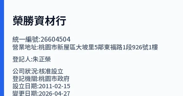 榮勝資材行的照片-統編 26604504(桃園市) 公司登記資料與營業項目詳細圖表