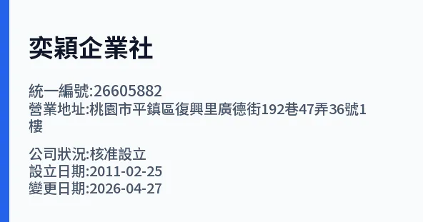 奕穎企業社的照片-統編 26605882(桃園市) 公司登記資料與營業項目詳細圖表
