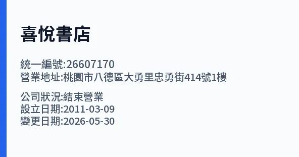 喜悅書店的照片-統編 26607170(桃園市) 公司登記資料與營業項目詳細圖表